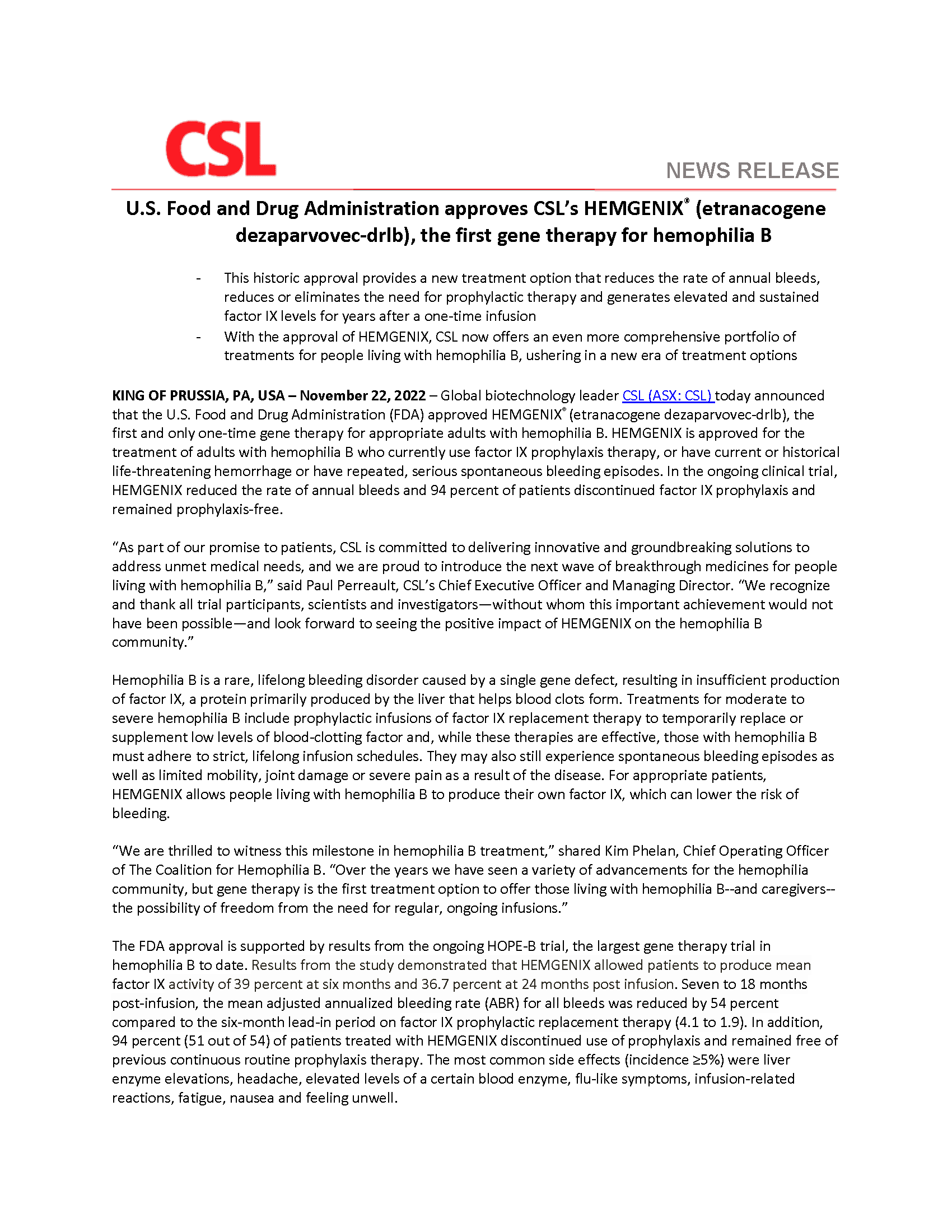 U.S. Food and Drug Administration approves CSL’s HEMGENIX® (etranacogene dezaparvovec-drlb), the ...